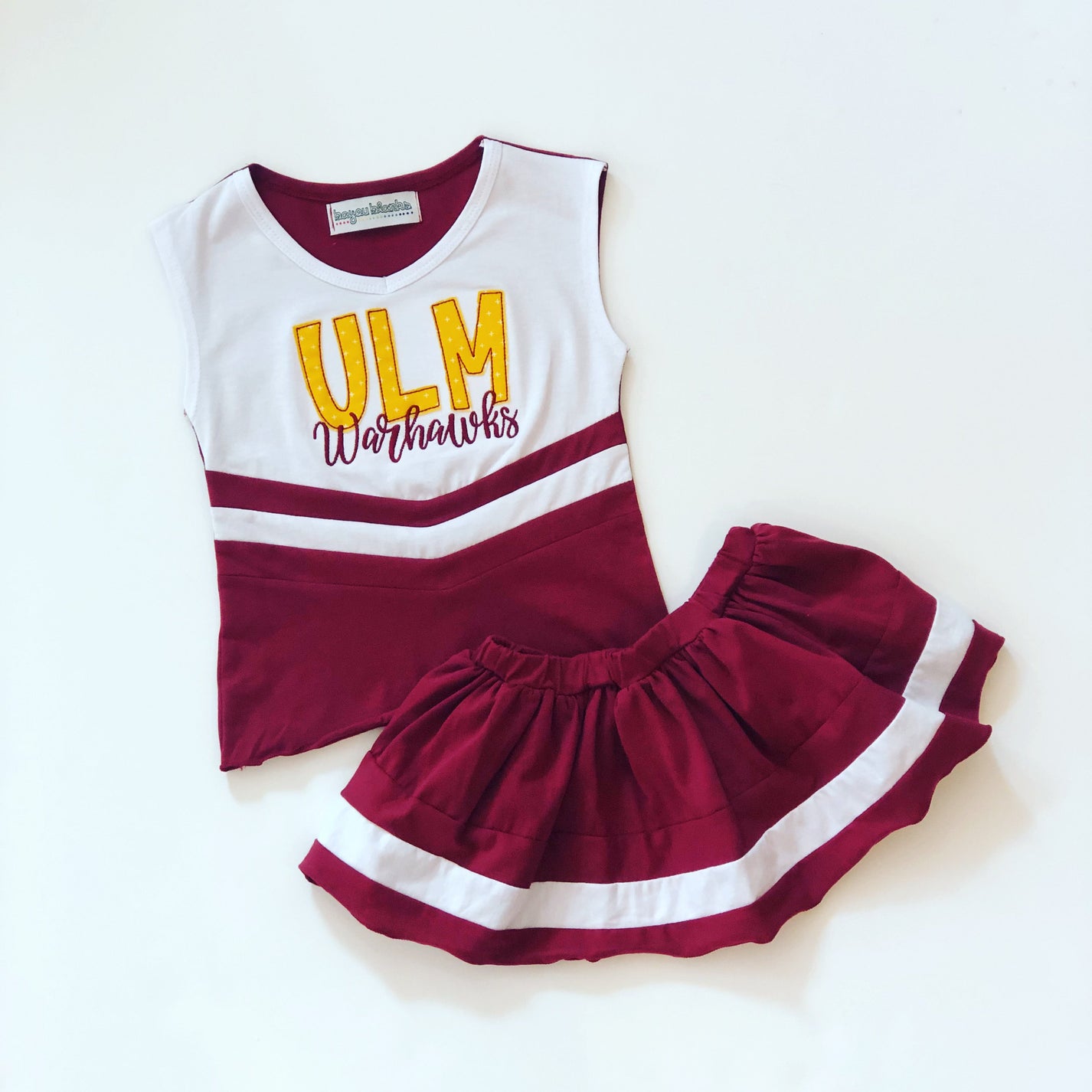 #8—Burgundy/White Cheer Outfit – Bayou Blanks